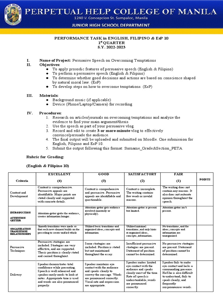 1G Performance Task Rubric in English, Esp Filipino10 - Fama | PDF | Human Communication ...