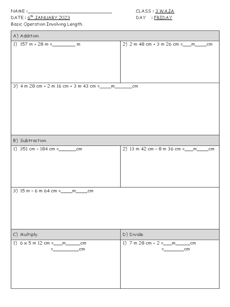 Worksheet Basic Operation Involving Length | PDF