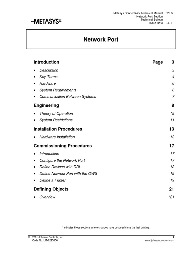 Ne Twork Port Metasys Connectivity Technical Manual 6295 Network Port Section Technical 