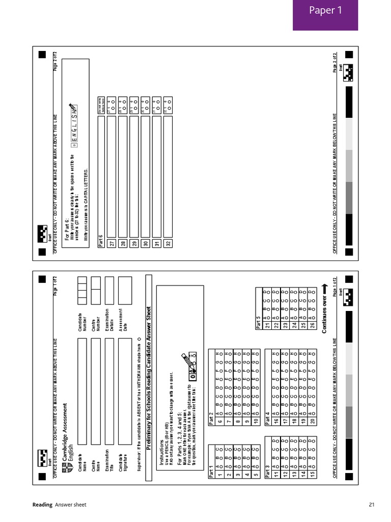 Reading Candidate Answer Sheet | PDF