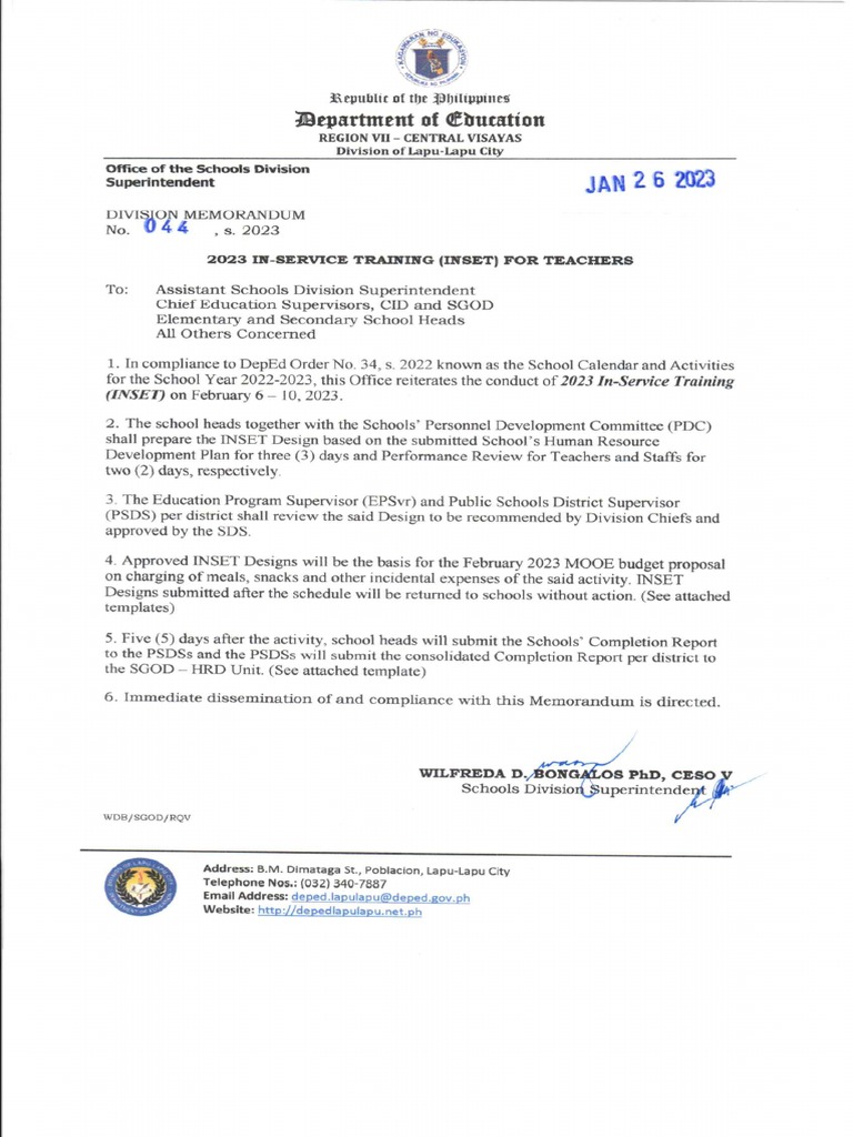 DM No. 044, S. 2023 - 2023 In-Service Training (INSET) For Teachers | PDF