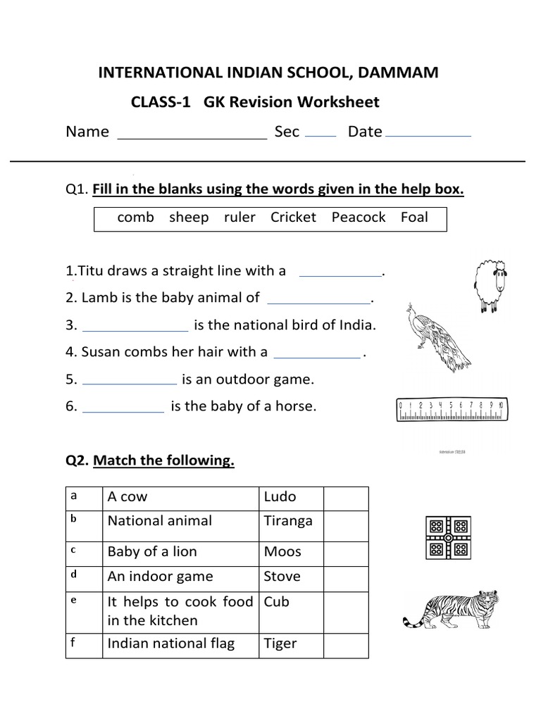 International Indian School, Dammam CLASS-1 GK Revision Worksheet | PDF | Travel | Home & Garden