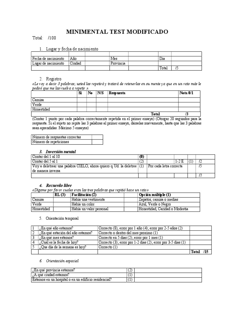 Test Cognitivo Minimental Modificado | PDF