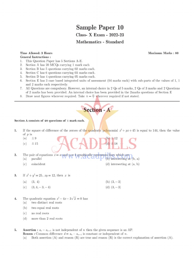 Math Standard Sample Paper 10 | PDF