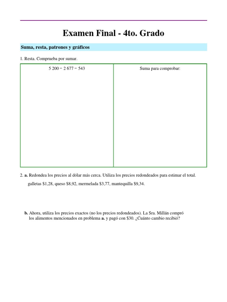Examen Final de Matemáticas 4to Grado | PDF | Métodos y materiales de ...