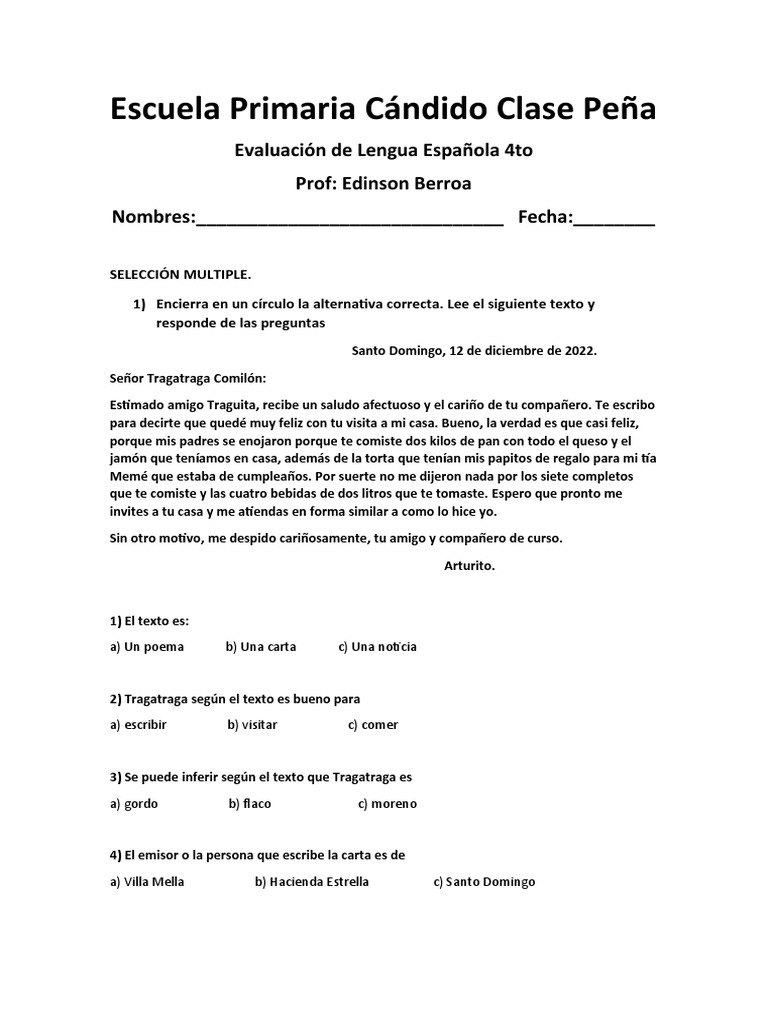 EXAMEN 4TO Lengua Española | PDF
