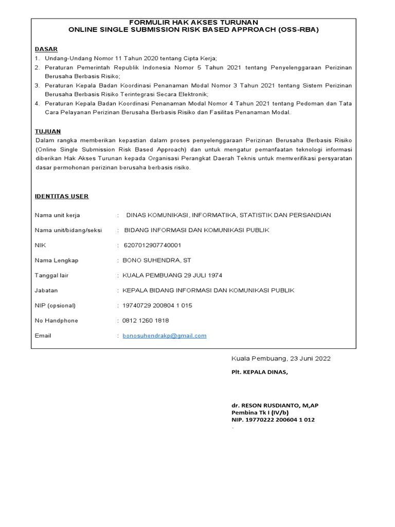 Formulir Hak Akses Turunan OSS RBA | PDF