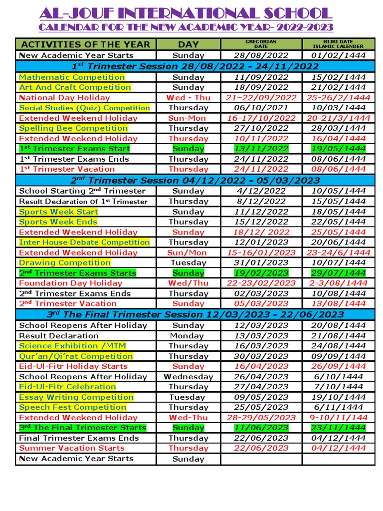 Al-Jouf School Calendar 2022-2023 | PDF | Academic Term | Holidays