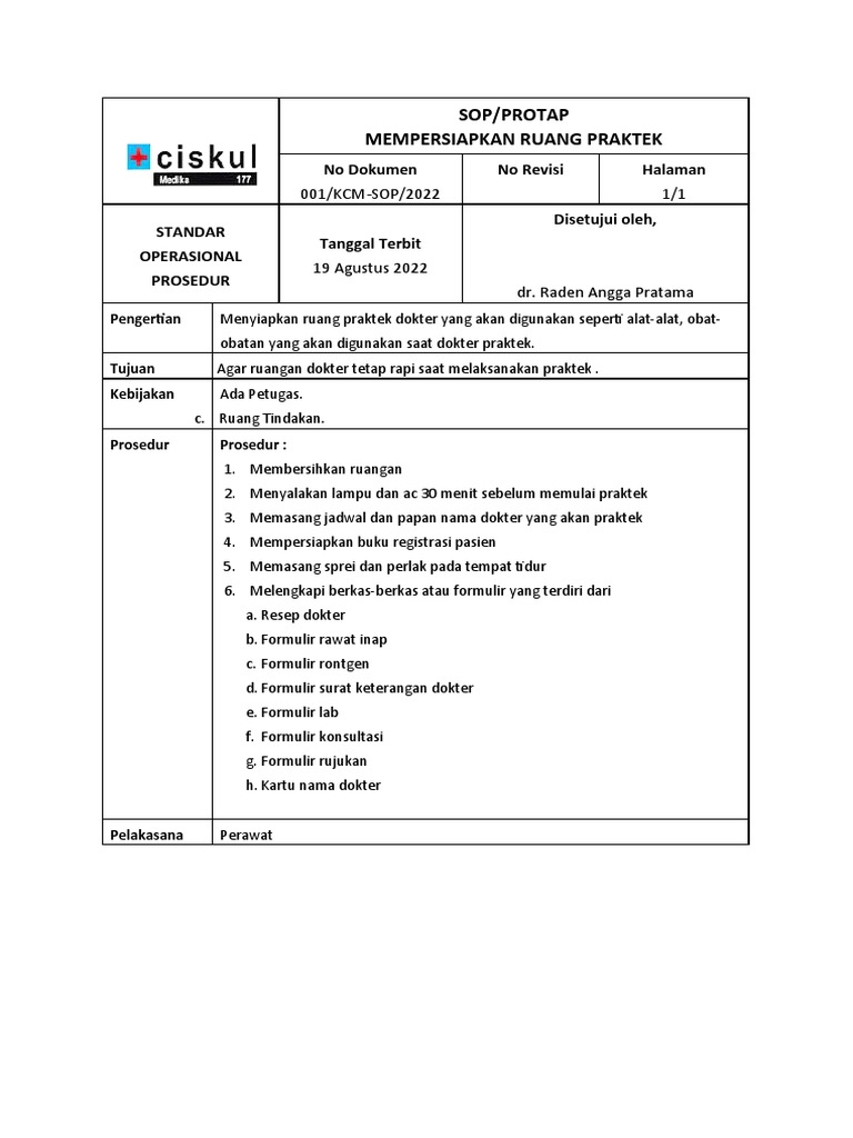 Sop 01 Mempersiapkan Ruang Praktek | PDF