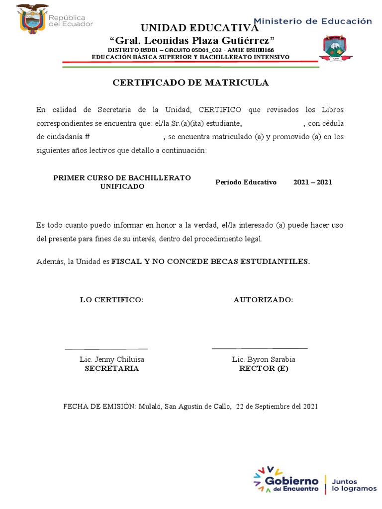 CERTIFICADO DE MATRICULA 8vo, 9no y 10mo | PDF