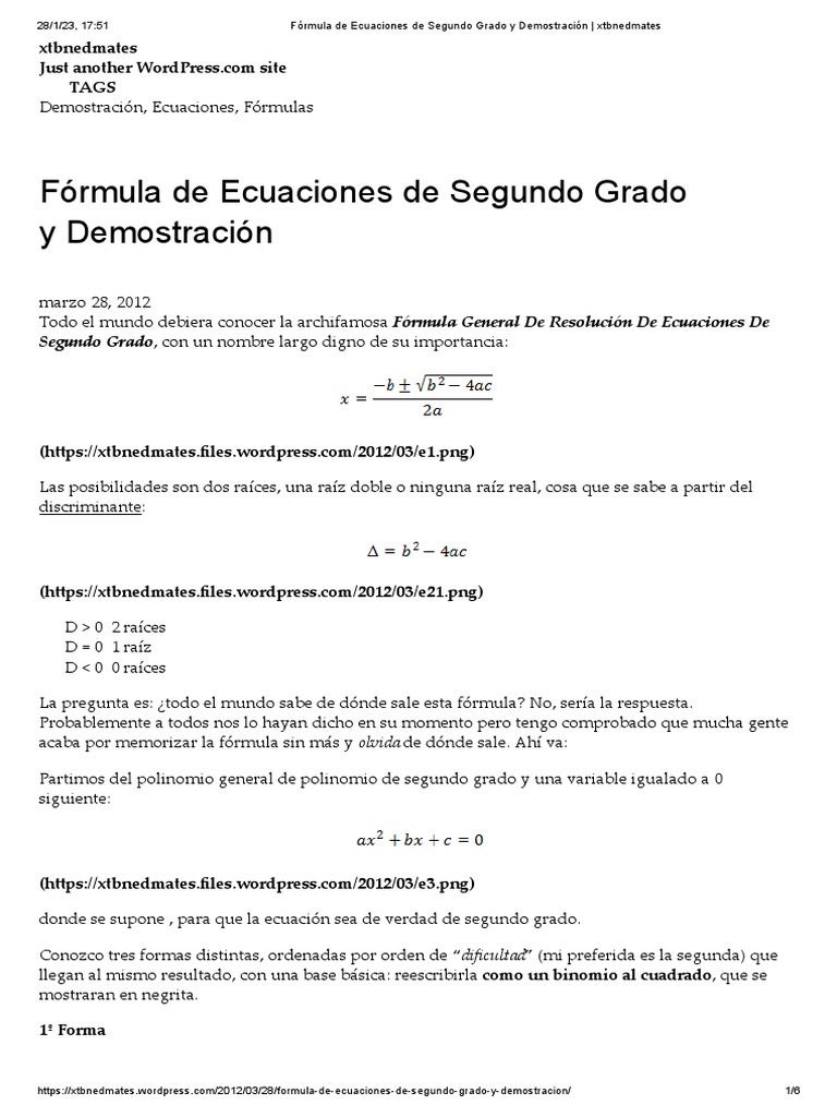 Fórmula de Ecuaciones de Segundo Grado y Demostración | PDF | Ecuación ...
