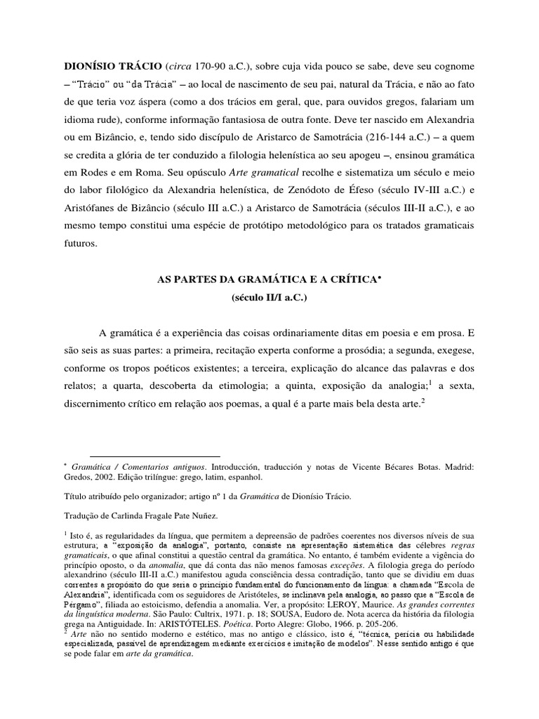 Dionísio Trácio Da Gramática | PDF | Gramática | Filologia