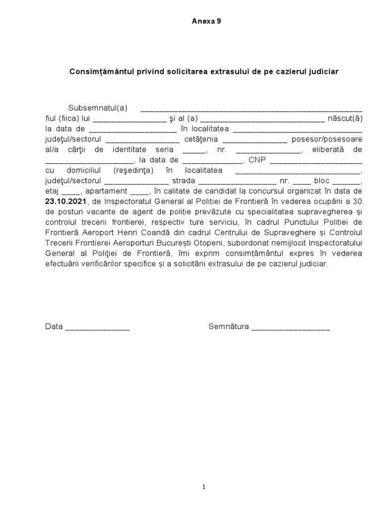 Anexa 9 Consimtamantul Privind Solicitarea Extrasului de Pe Cazierul Judiciar | PDF