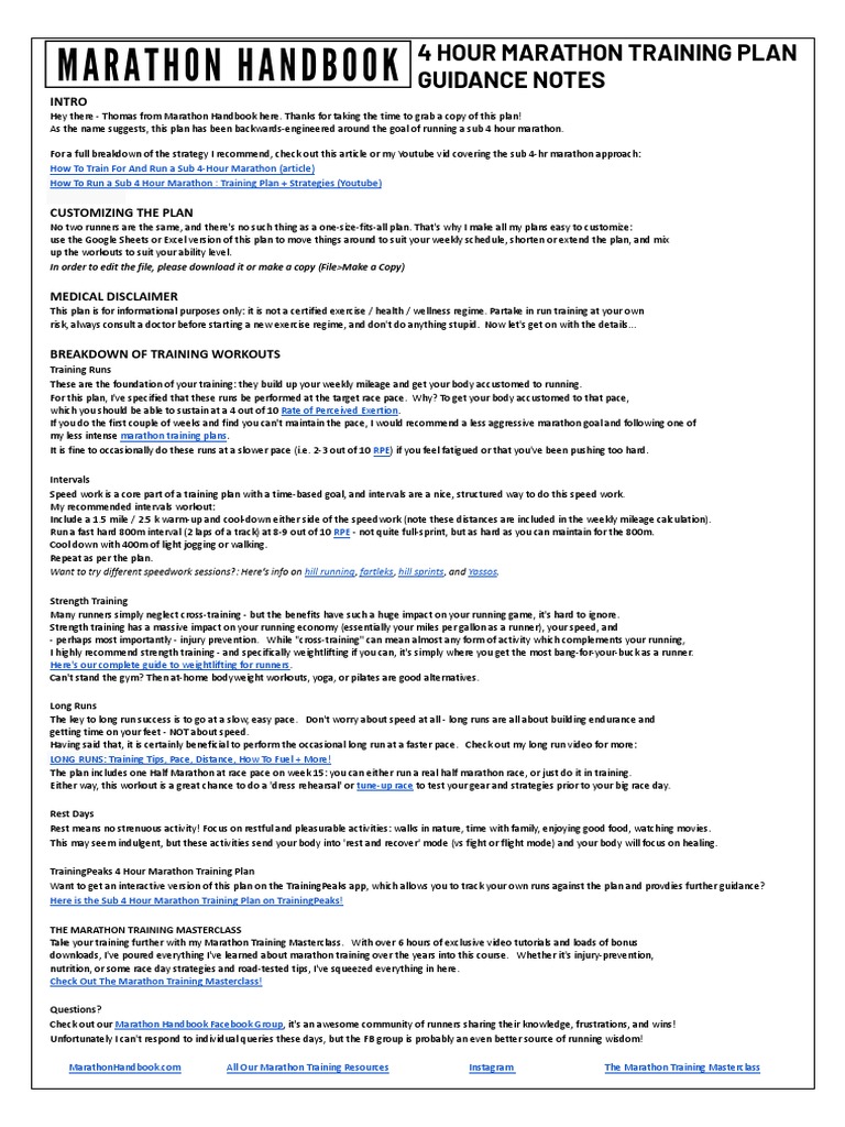 4 HOUR MARATHON TRAINING PLAN GUIDANCE NOTES | PDF | Physical Fitness ...