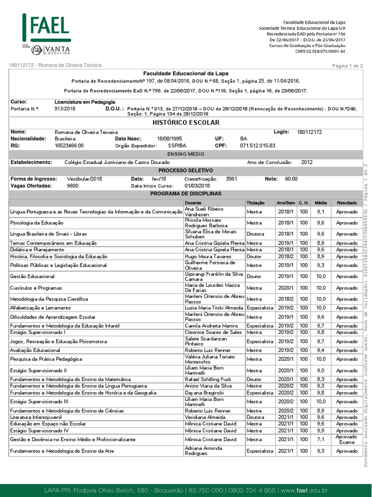 Histórico Escolar: Faculdade Educacional Da Lapa | PDF | Pedagogia