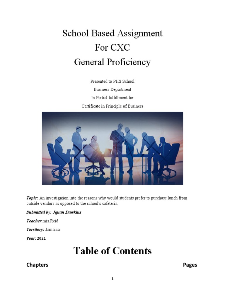 School Based Assignment For CXC General Proficiency: Chapters Pages | PDF | Meal | Lunch