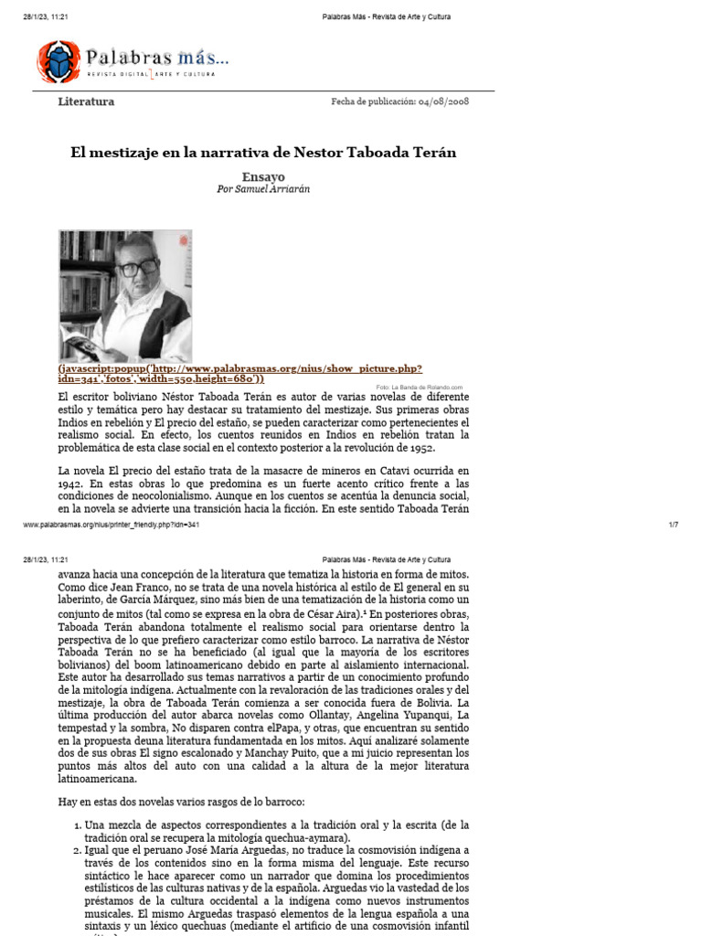 El Mestizaje en La Obra Narrativa de Néstor Taboada Terán | PDF | Bolivia | Novelas