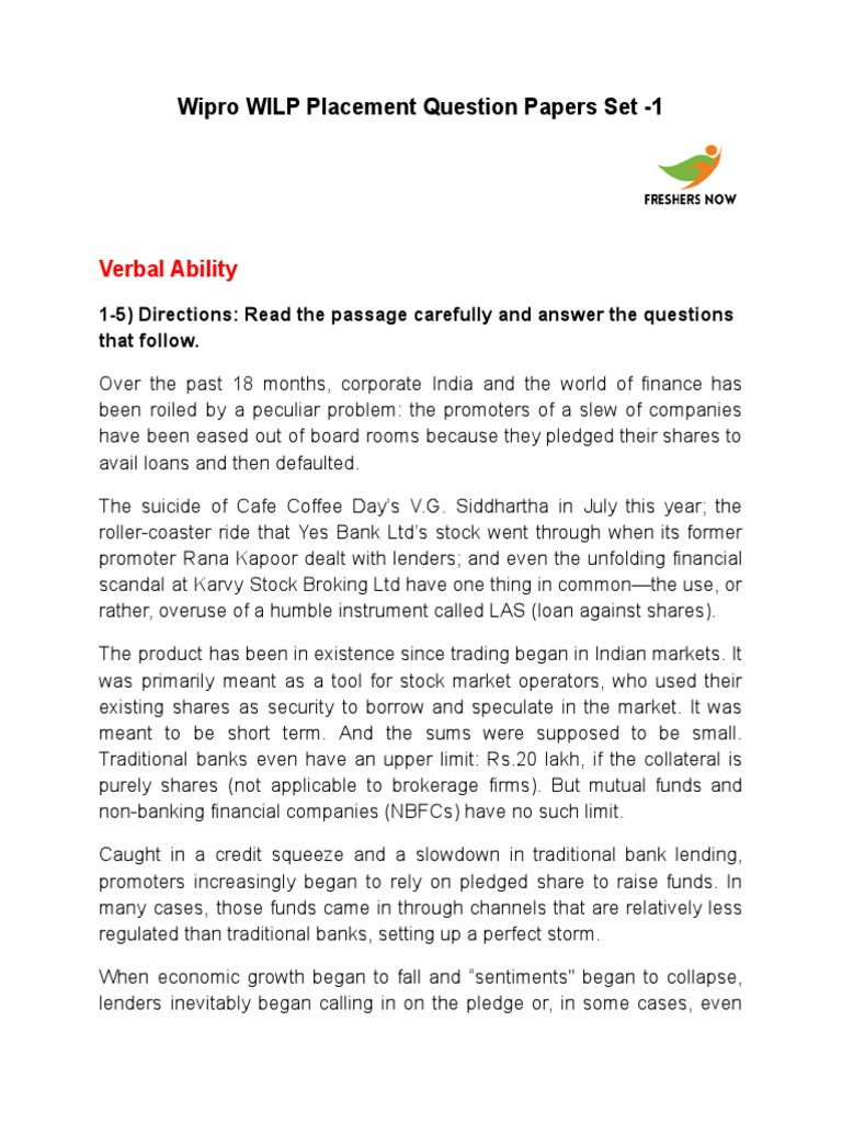 Wipro WILP Placement Papers With Answers Set 1 | PDF | Loans | Verb
