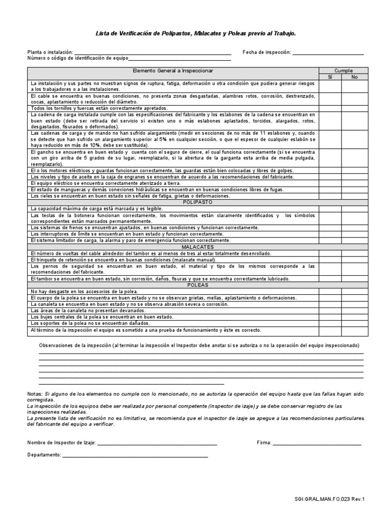 Lista de Verificación de Polipastos y Malacates | PDF | Máquinas ...