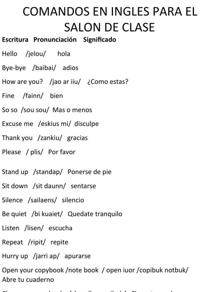 Comandos en Ingles para El Salon de Clase | PDF | Artes del Lenguaje y ...