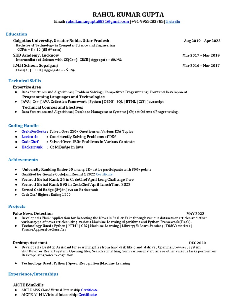Rahul Kumar Gupta - Resume | PDF | Databases | Computer Programming