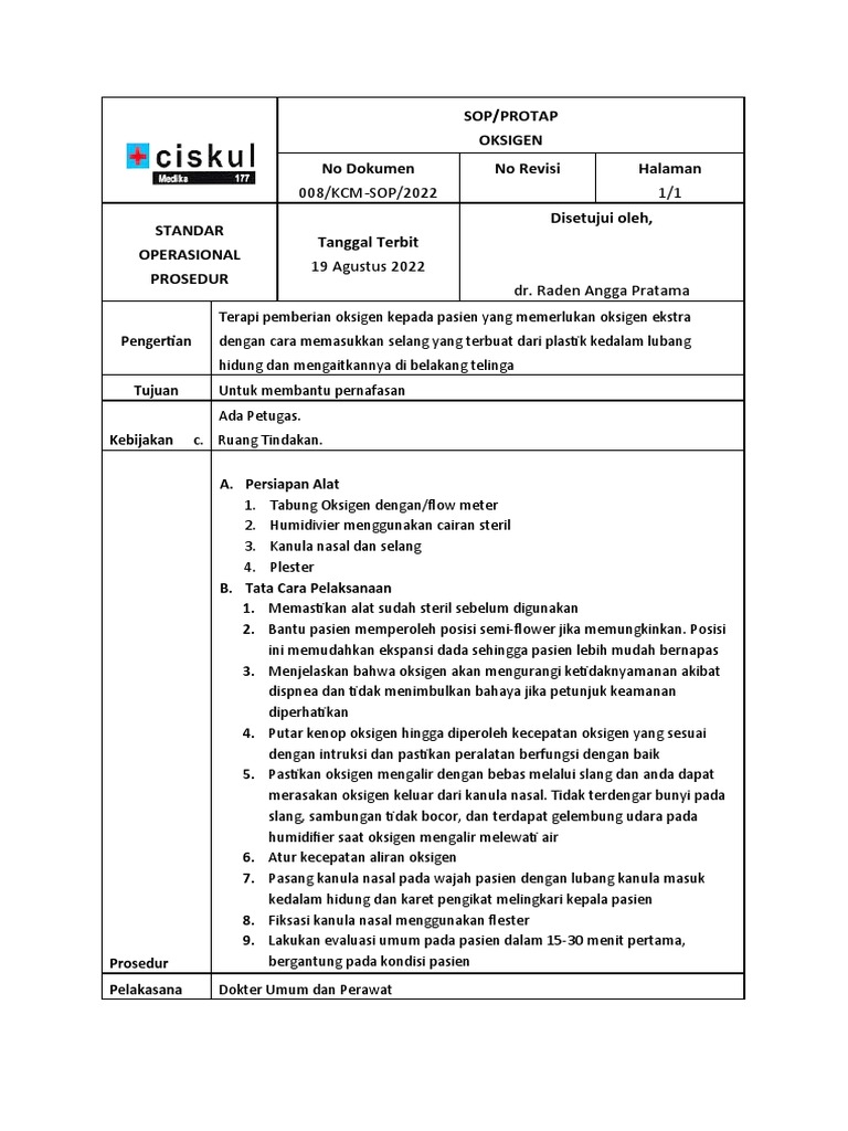 SOP Terapi Oksigen Pasien | PDF | Kesehatan Holistik