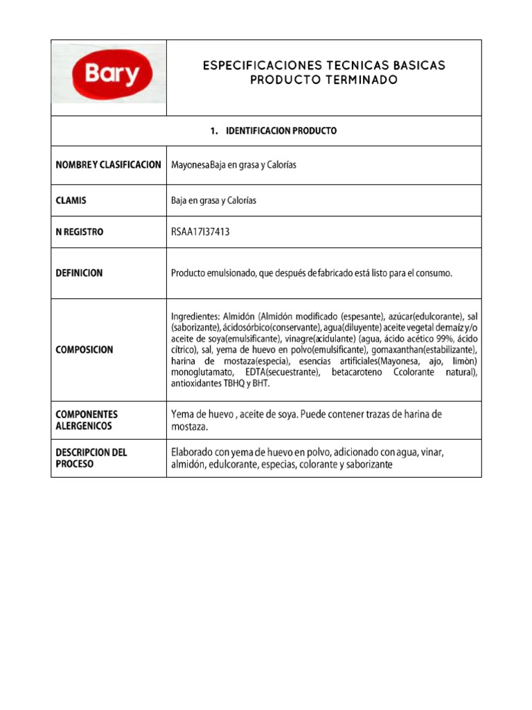 Ficha Tecnica Mayonesa | PDF