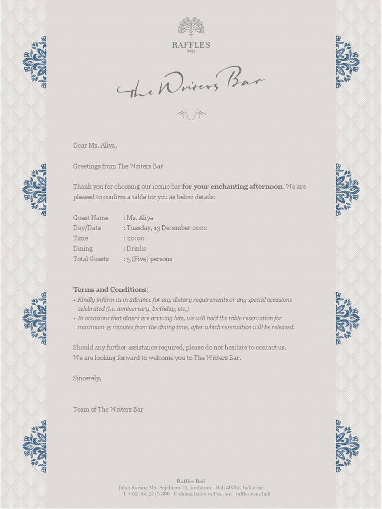 Table Reservation Confirmation at The Writers Bar | PDF