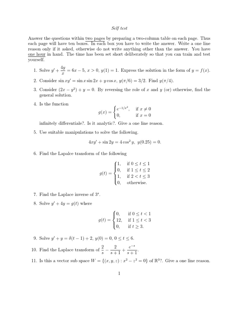 Self Assessment: Solving Problems on Differential Equations, Vector ...