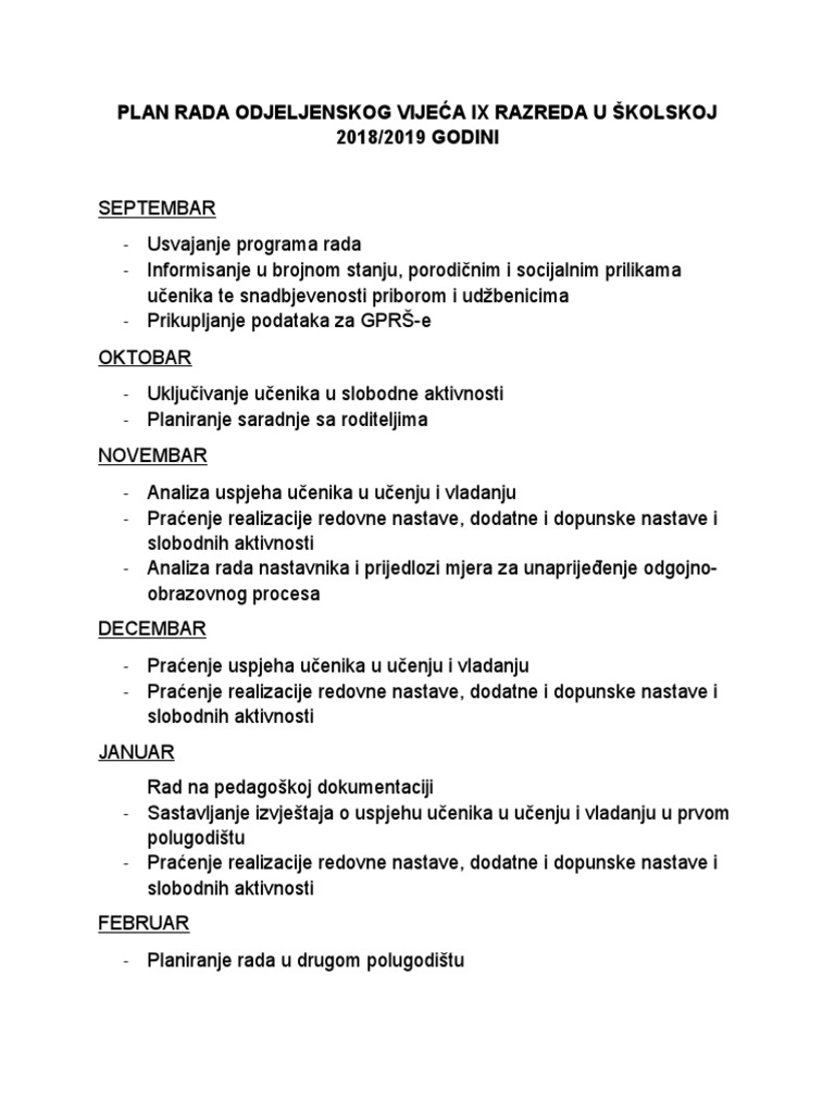 PLAN RADA ODJELJENSKOG VIJEĆA U ŠKOLSKOJ 2019-2020 | PDF