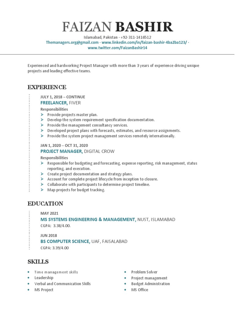 Project Manager Profile: Faizan Bashir | PDF | Career & Growth | Business