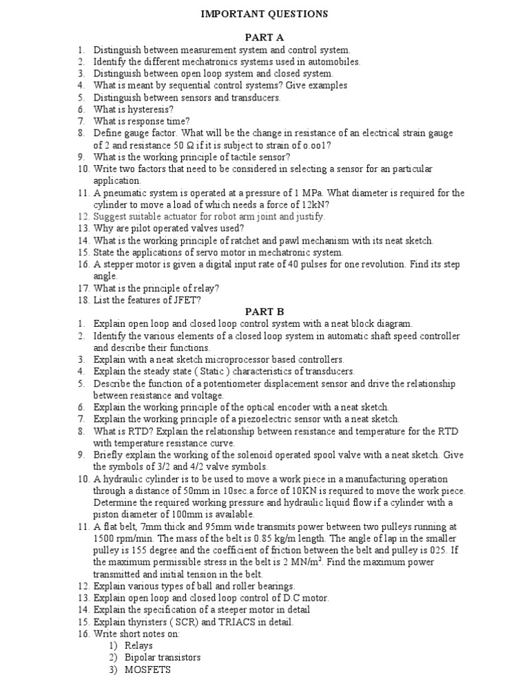 Mechatronics Important Questions | PDF | Belt (Mechanical) | Control System