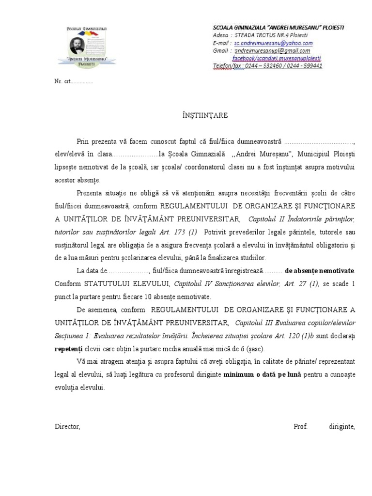 Instiintare Absente Model | PDF