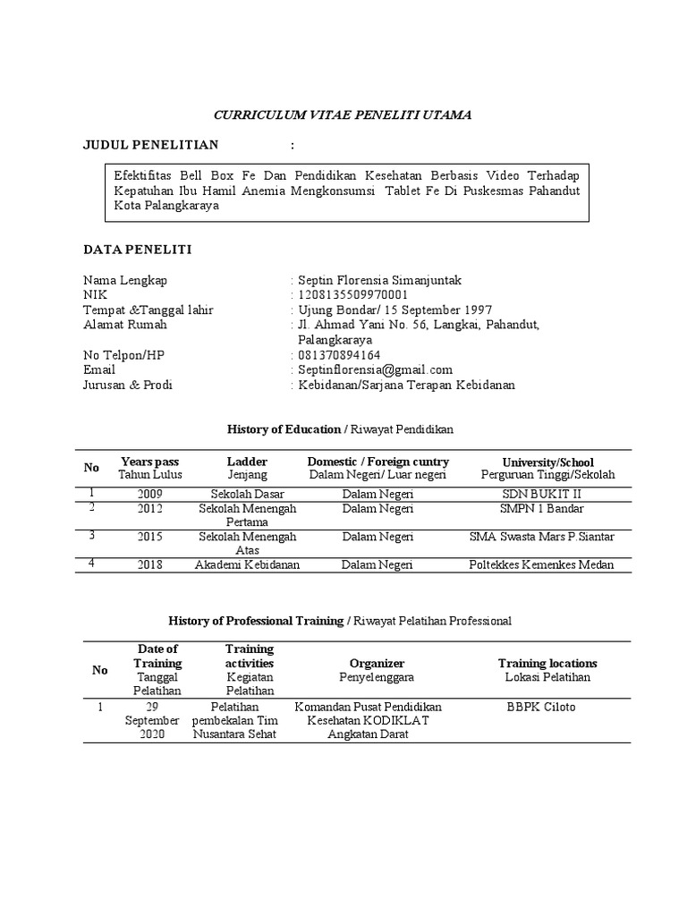 Formulir Curriculum Vitae Peneliti Utama | PDF