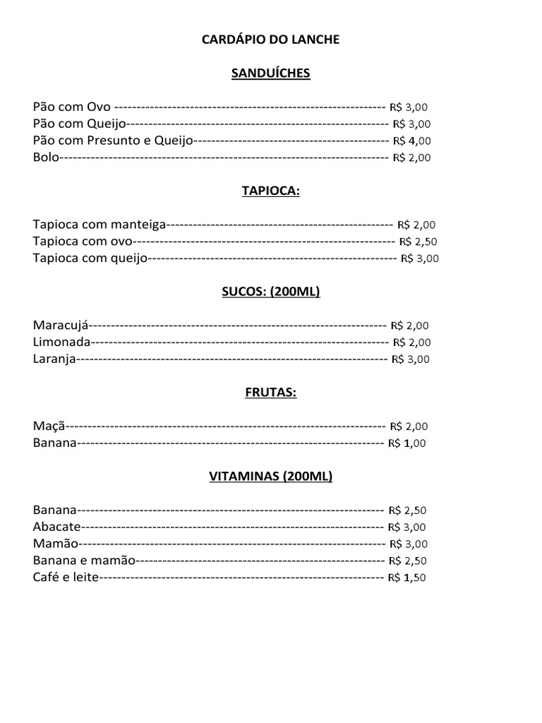 Cardápio Do Lanche | PDF