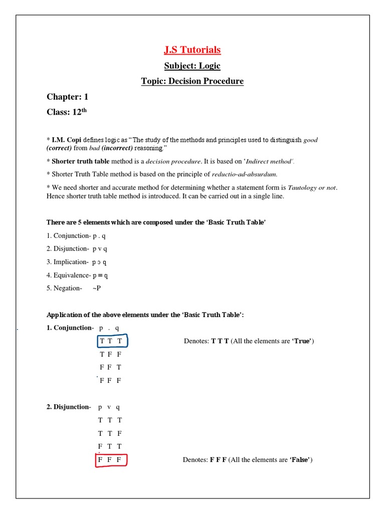 Logic Chapter 1 - Decision Procedure | PDF | Contradiction | Truth