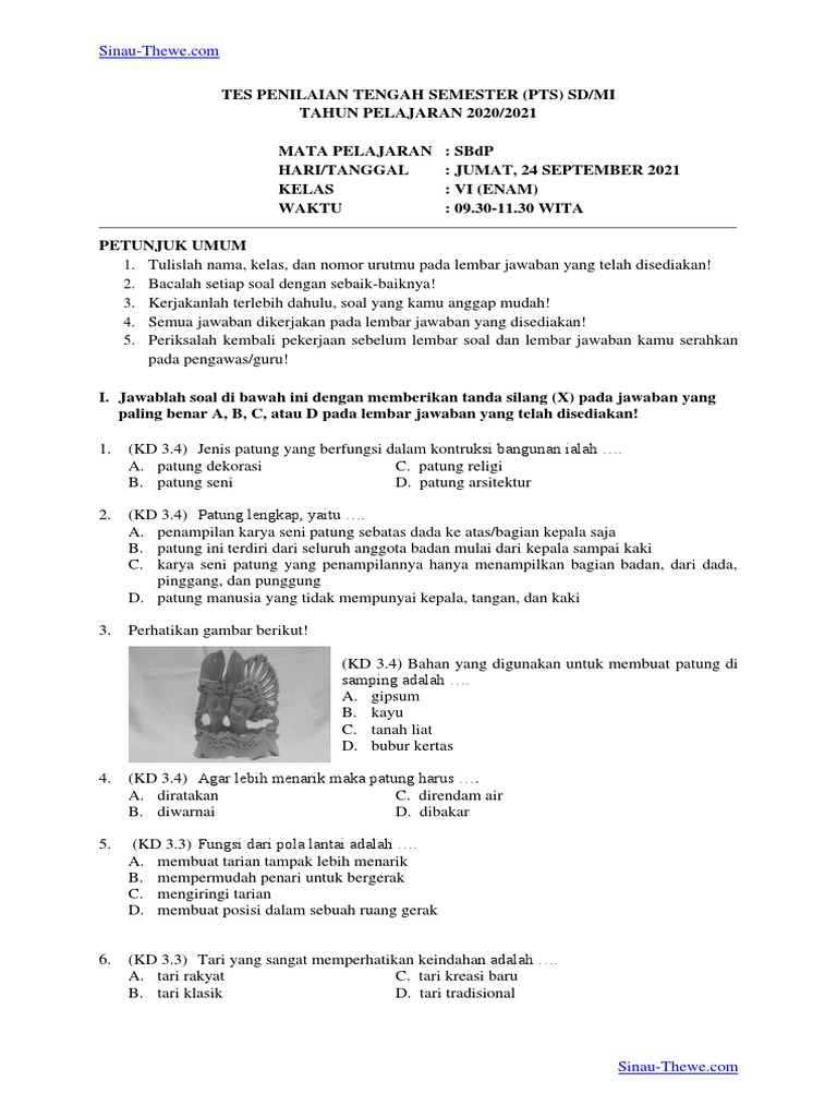 Soal & Jawaban PTS SBDP Kelas 6 Semester 1 Tahun 2021 | PDF | Seni