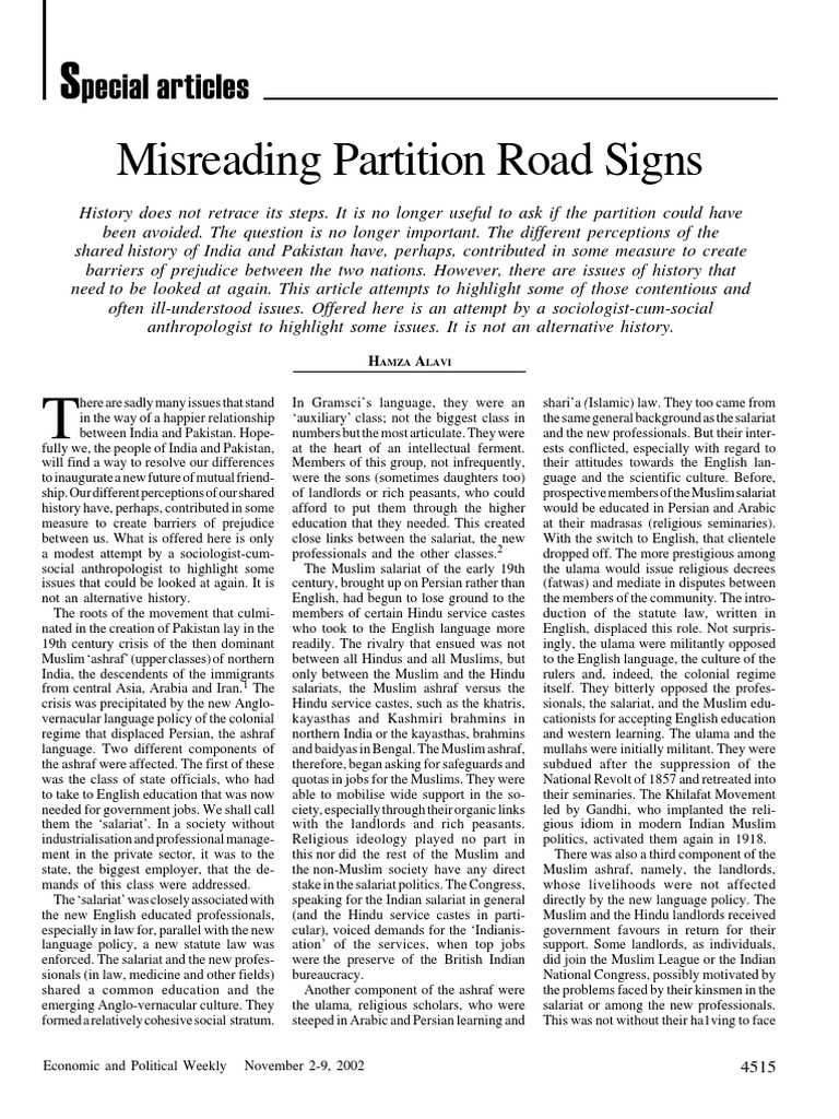 Hamza Alavi Misreading Partition Road Signs | PDF | All India Muslim League