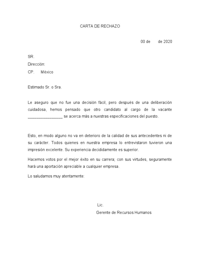 Carta de Rechazo a Candidato Laboral | PDF