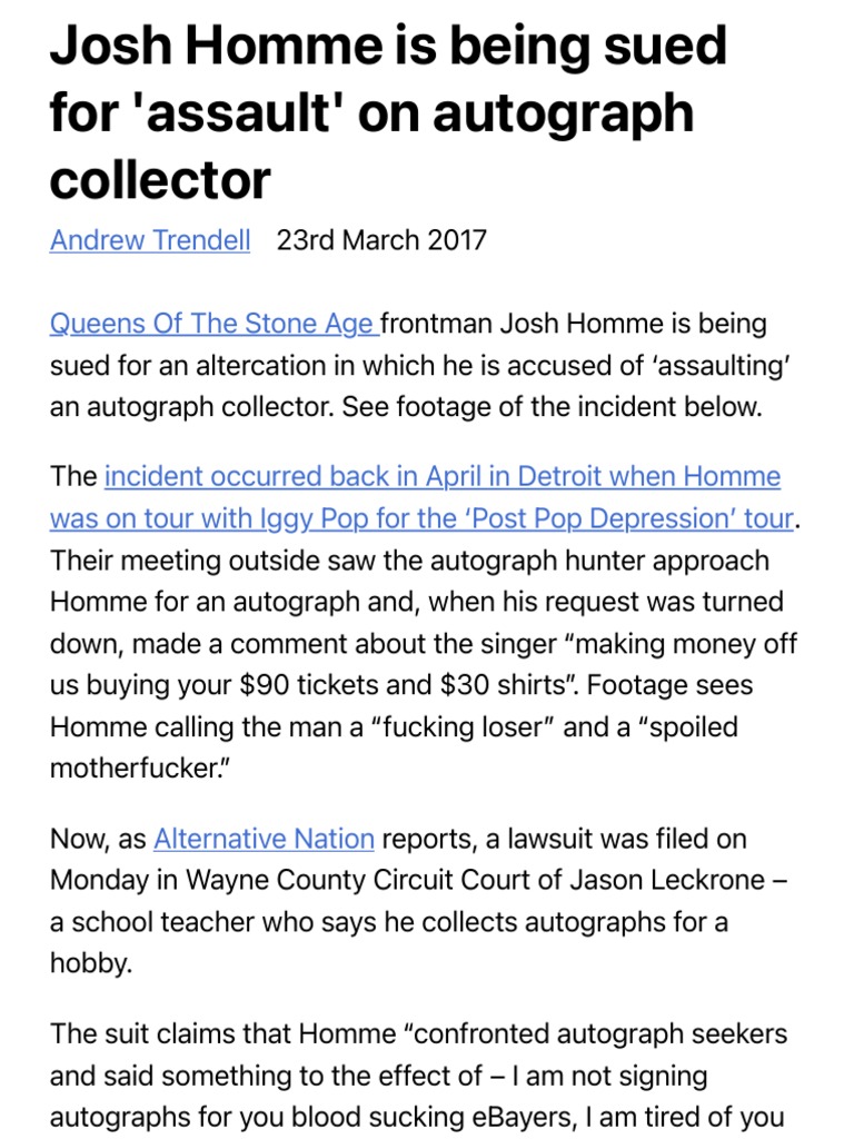 Josh Homme Is Being Sued For 'Assault' On Autograph Collector | PDF