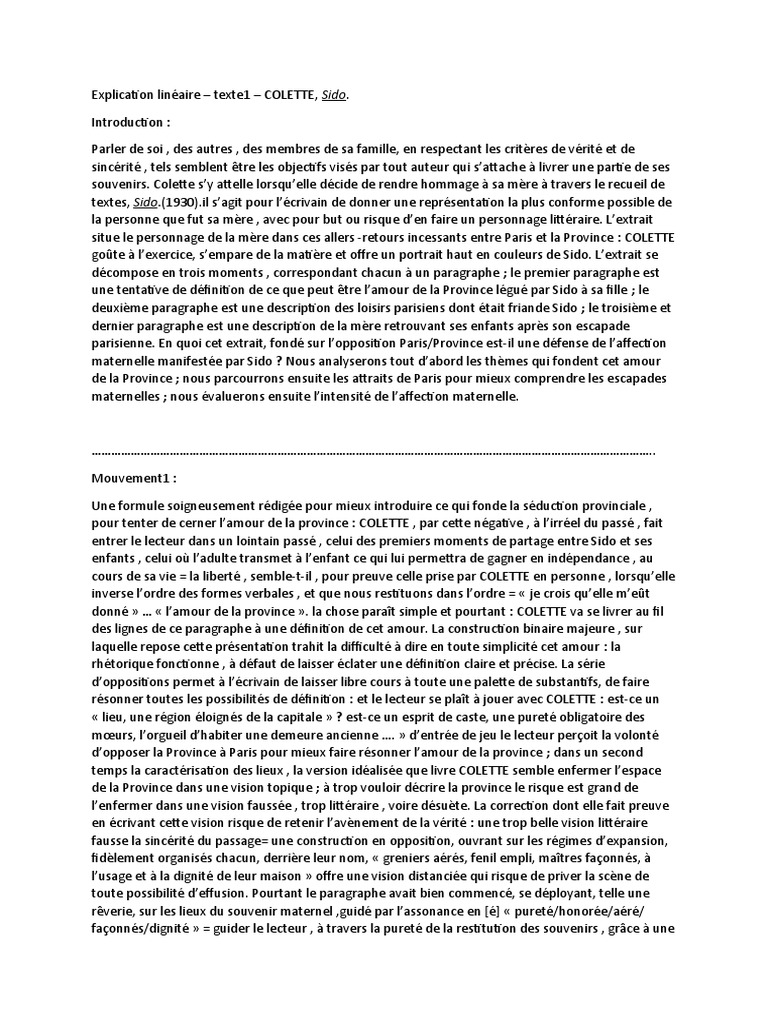 Extrait de Texte de COLETTE. "Sido" Part1 | PDF