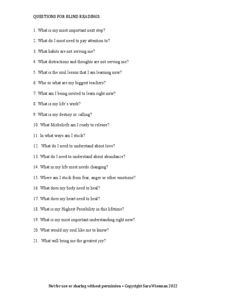 21 Questions Blind Readings Sara Wiseman | PDF | Career & Growth | Self ...