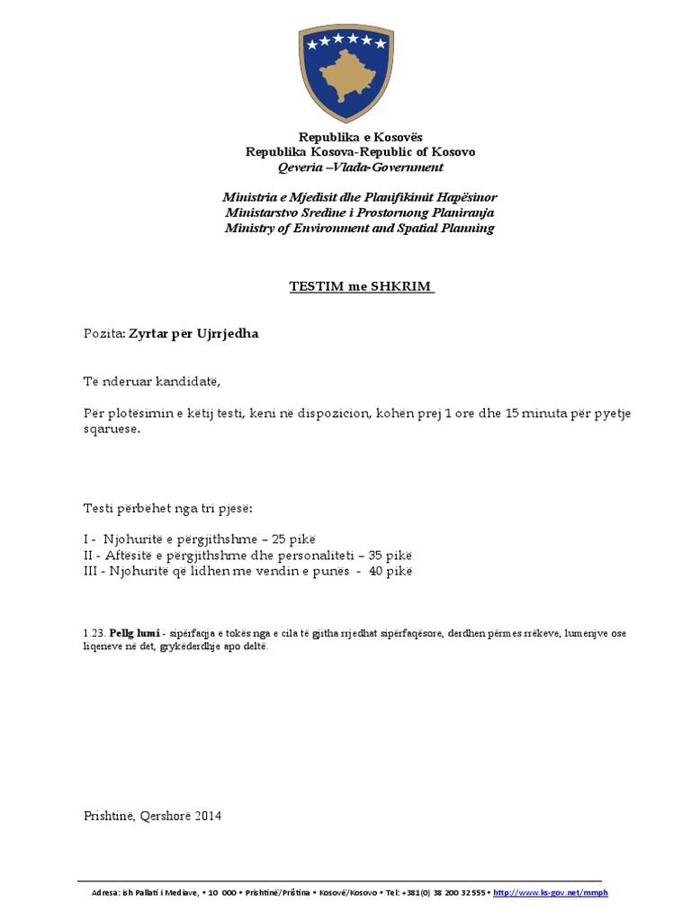Testi - Shkrim.pergjigje - Zyrtar Ujrrjedha | PDF