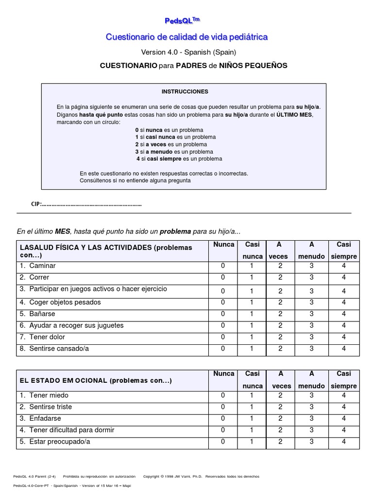 PedsQL-4.0-Core-All AU4.0 spa-ES Wellbeing 7años | PDF