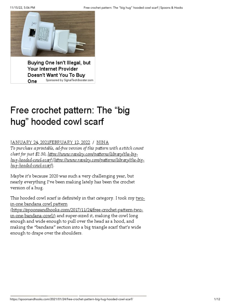 Free Crochet Pattern - The "Big Hug" Hooded Cowl Scarf - Spoons & Hooks ...