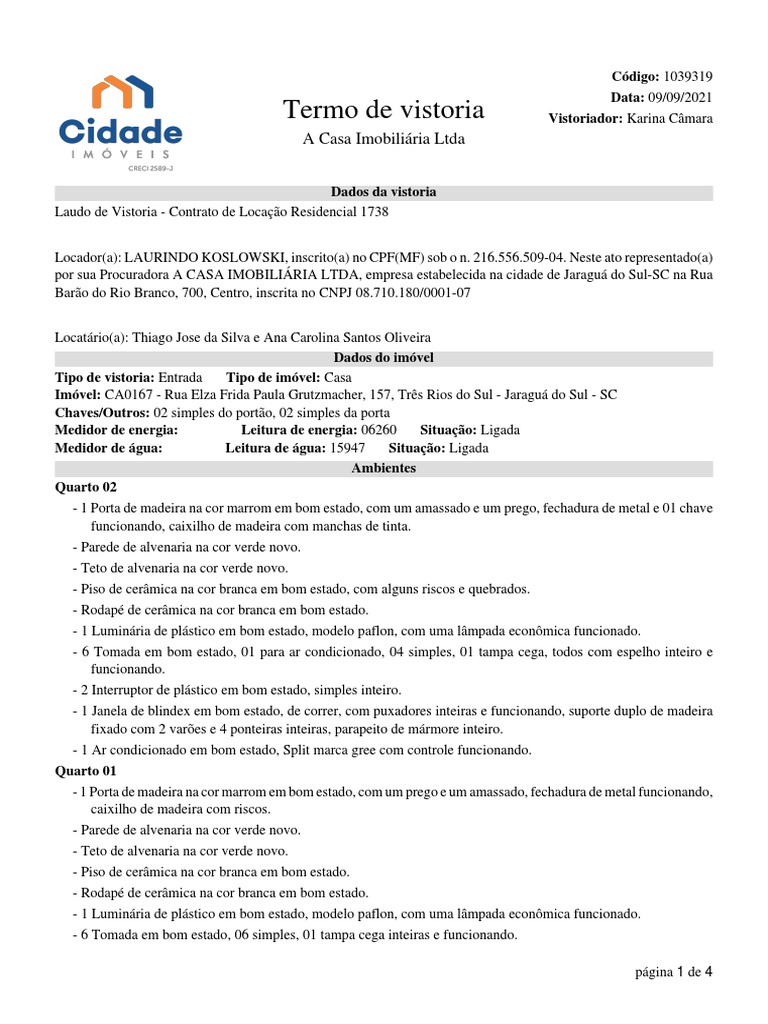 Vistoria Inicial 1738 | PDF | Materiais | Materiais de construção