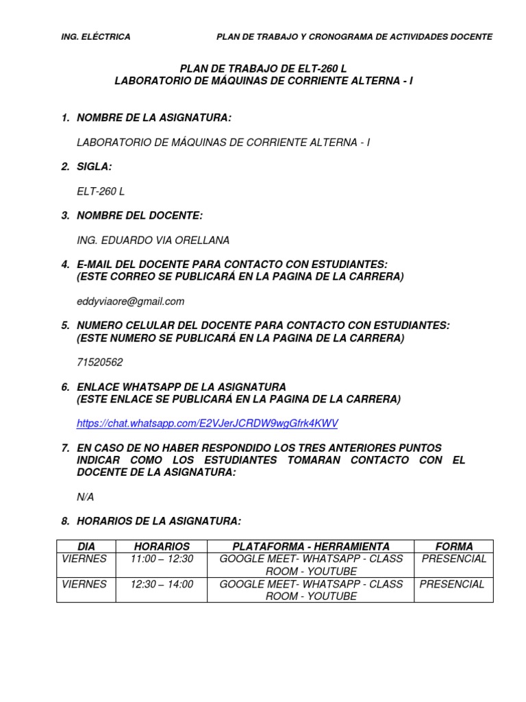 Laboratory Work Plan and Teaching Activities Schedule for the ...