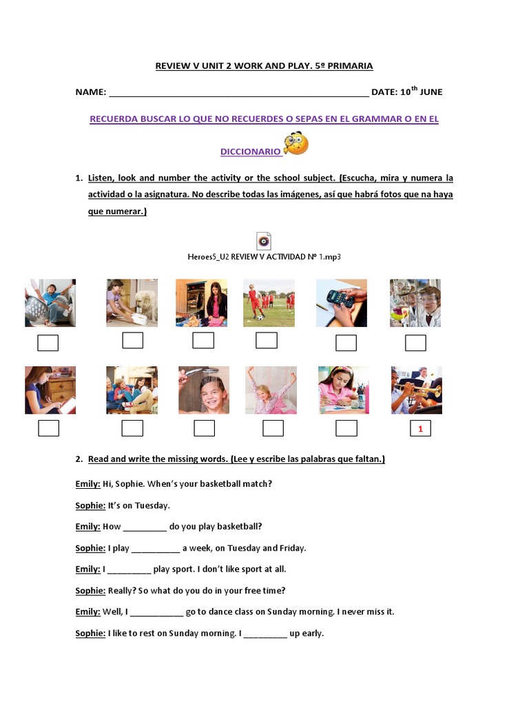 Review V Unit 2 Work and Play. 5º Primaria 10 Junio 1 | PDF