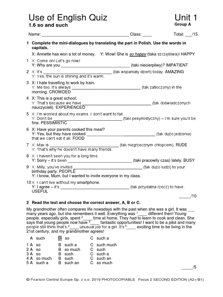 Focus 2 2ed UoE Quiz Unit1 GroupA | PDF