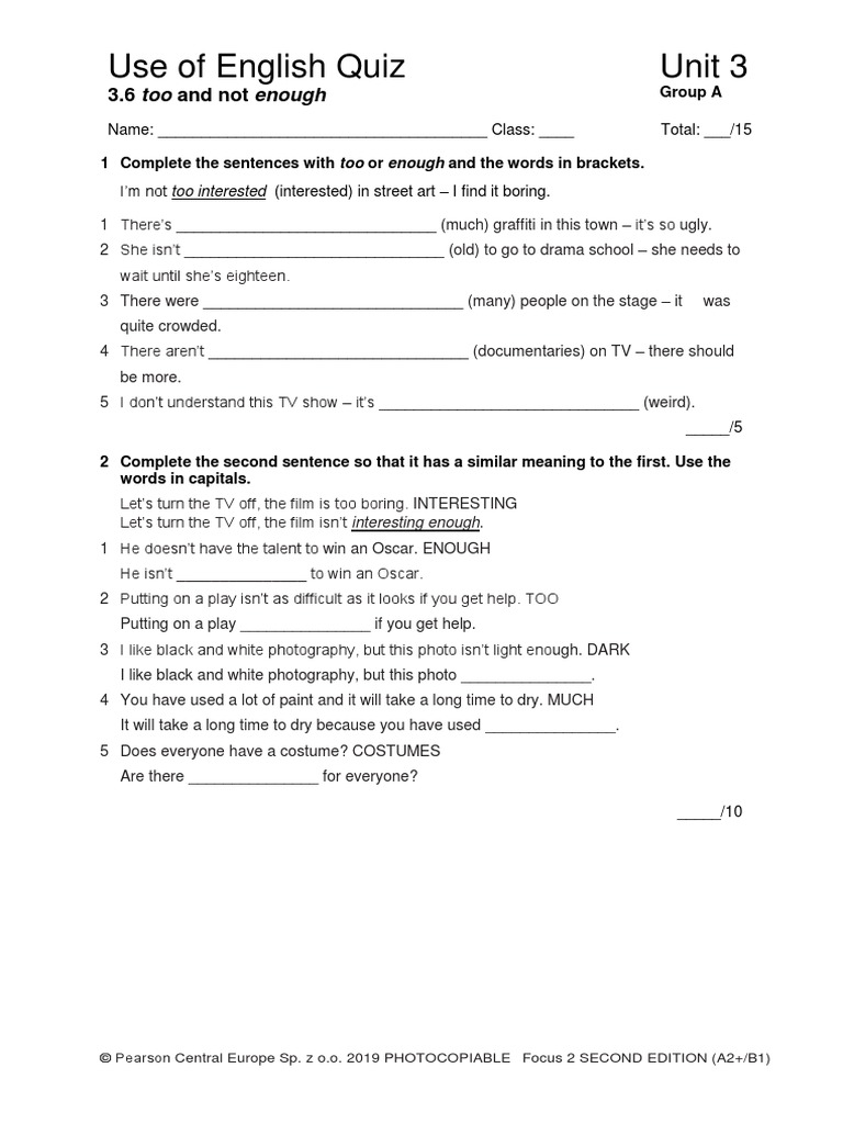 Focus 2 2ed UoE Quiz Unit3 GroupA | PDF